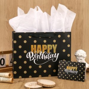 CAMKUZON Black Birthday Gift Bag with Card and Tissue Paper - Gold Foil Happy Birthday & Polka Dot Design - Large Gift Bags for Birthday Party, 13" X 10" X 5"