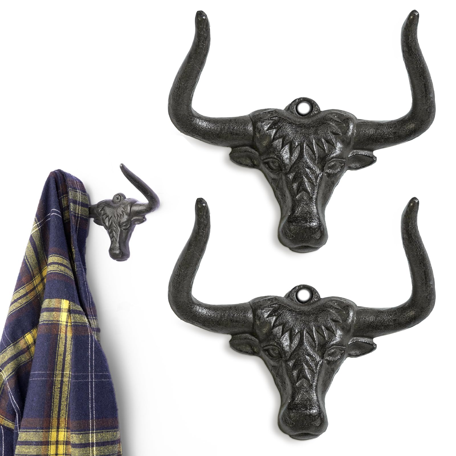 HYDERMUS Cast Iron Hooks Wall Mount 2 Pack Outdoor Western Decorative Wall Hooks Heavy Duty Towel Hooks for Bathroom Entryway Closet Cow Bull Animal Hooks Wall Decor, Antique Rust