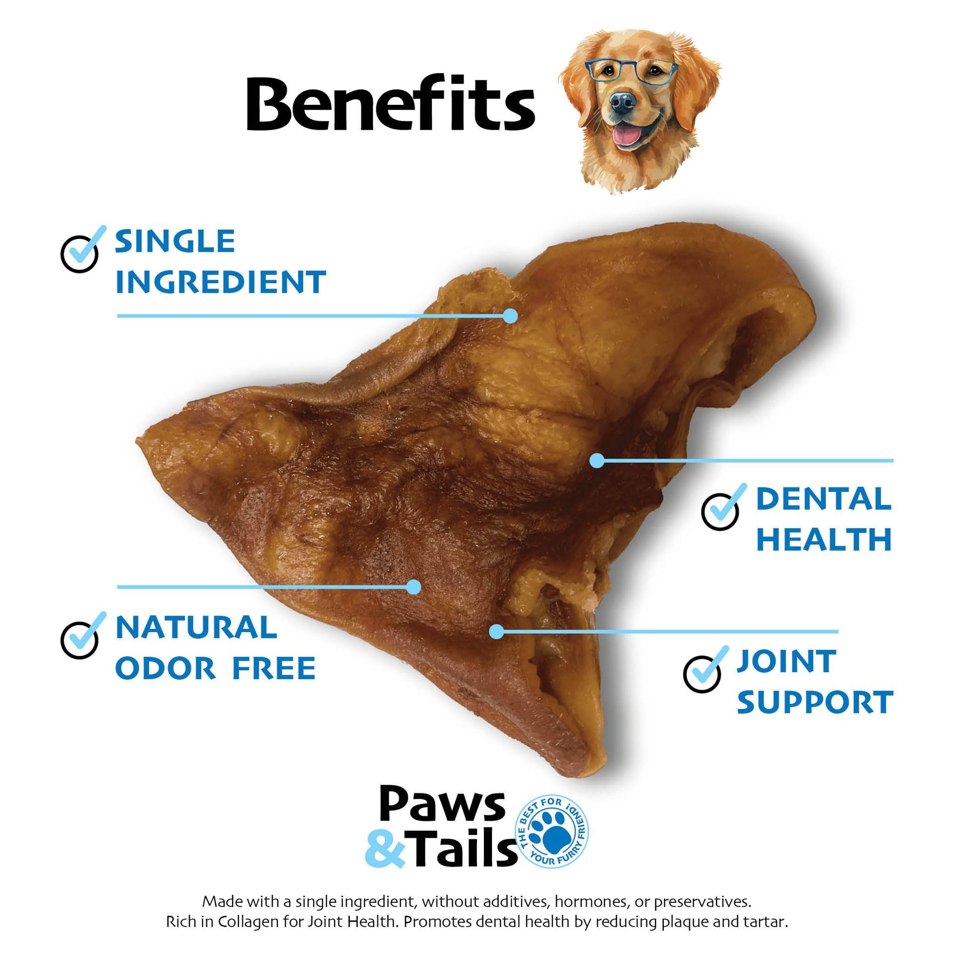 PAWS&TAILS Premium All-Natural Pig Ears for Dogs - Joint Health Support, Thick-Cut - High-Protein, Low-Fat Treats for Dental Hygiene - No Additives or Preservatives. (12, Natural Whole Pig Ears)