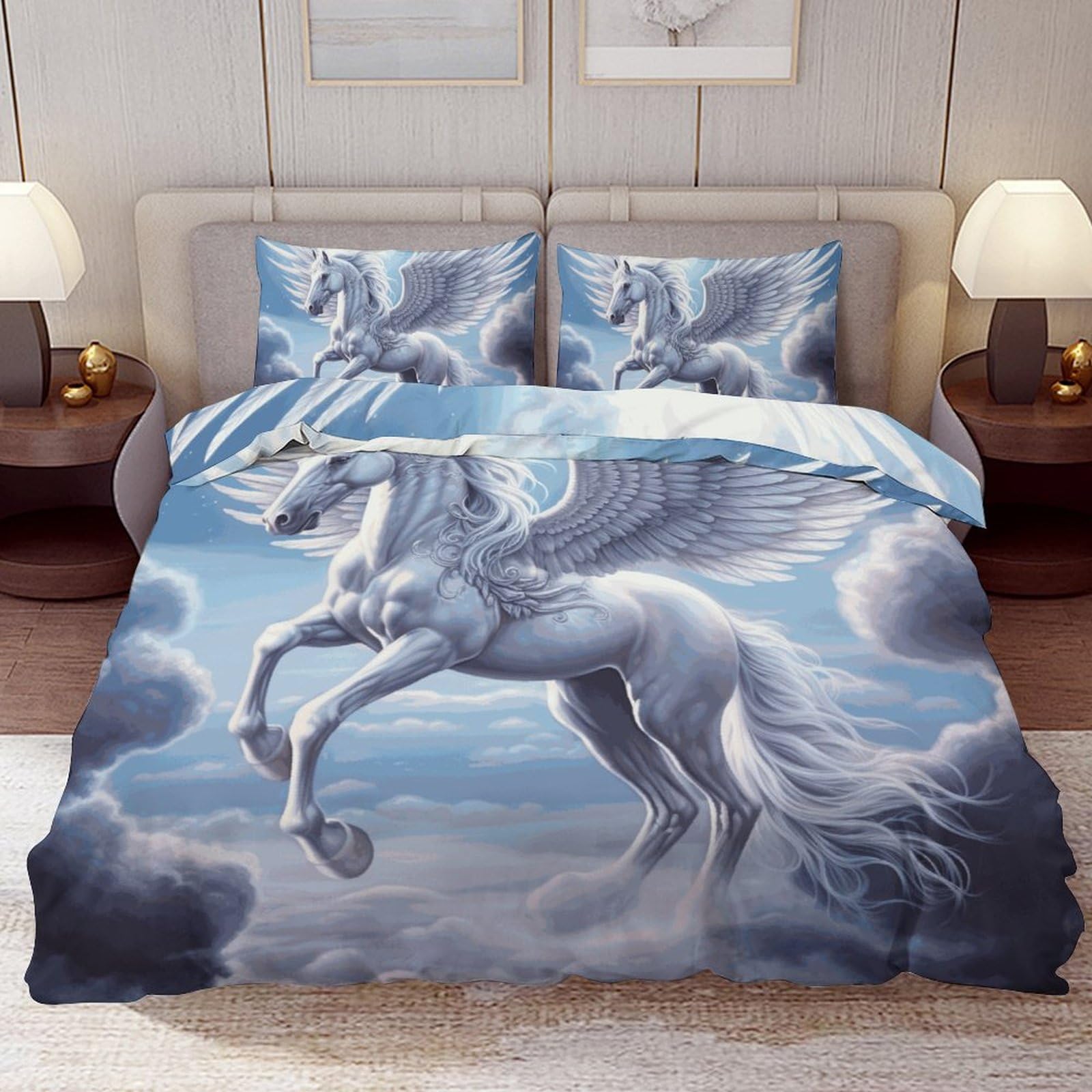 Delerain Comforter Set Queen Size, White Pegasus Clouds 3-Piece Bedding Set for Women Men Modern Soft Microfiber Bedroom Set Room Decor, 1 Duvet Cover + 2 Pillowcases