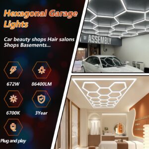 TOGJNDLL 𝑵𝒆𝒘 Hexagonal Garage Lights, Thickened Aluminum 14 Hex Grid with Rectangule Frame, High Brightness 672W 86400LM 6700K, for Garages, Shops, Basements, Car Detailing Shops, 3-Yr Warranty