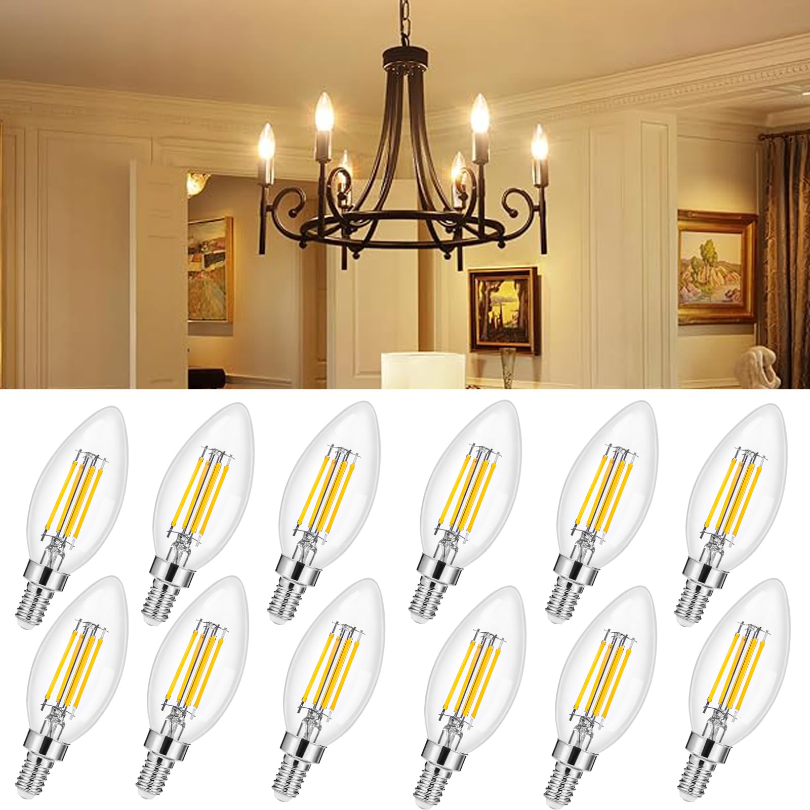 LEDIKON 12 Pack Dimmable E12 LED Candelabra Bulbs 60W Equivalent,2700K Soft Warm White Chandelier Light Bulbs,6W 530 Lumens Candle Light Bulbs for Chandelier Ceiling Fans