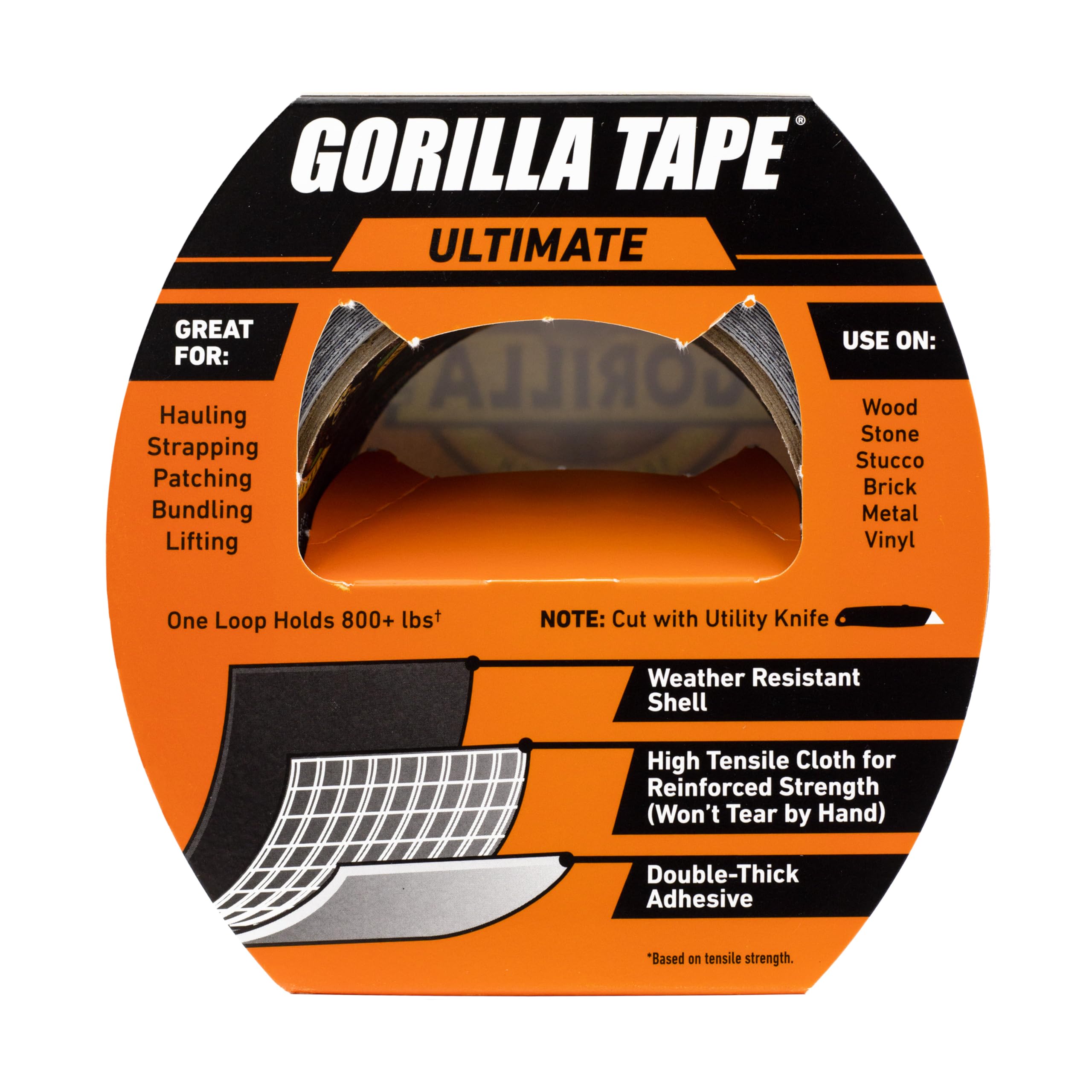 Gorilla Ultimate Tape, High Tensile Cloth with Double-Thick Adhesive for Hauling, Strapping, Patching, Bundling, Lifting, 1.88" x 20yd, Black (Pack of 1)