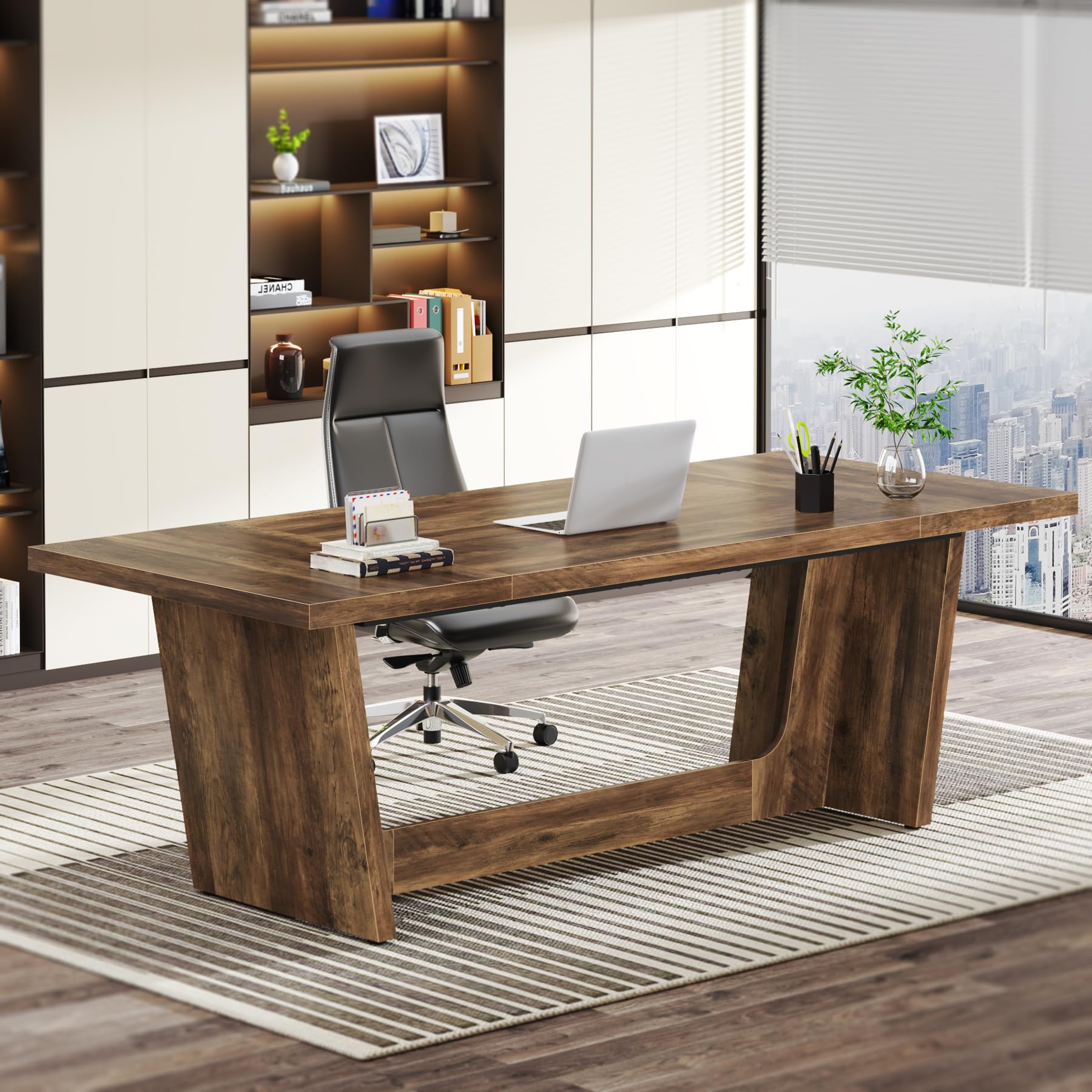 Tribesigns 70.87-Inch Executive Computer Desk: Large Home Office Desk with Solid Wooden Pedestal, Industrial Wood Study Writing Table, Workstation Business Furniture, Brown