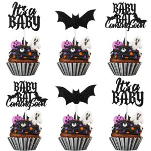 kreat4joy halloween gothic baby shower decorations cupcake toppers, 36pcs bat baby shower decorations baby bat coming soon it's a baby cupcake toppers for bat theme halloween baby shower