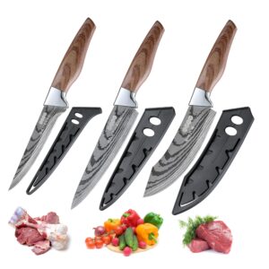 3pcs japanese kitchen knife set, kaloo japanese knives, 7inch chef knife, 7inch cleaver knife, 6inch boning knife and 3 matched knife sheath, stainless steel blade with ergonomic plastic handle