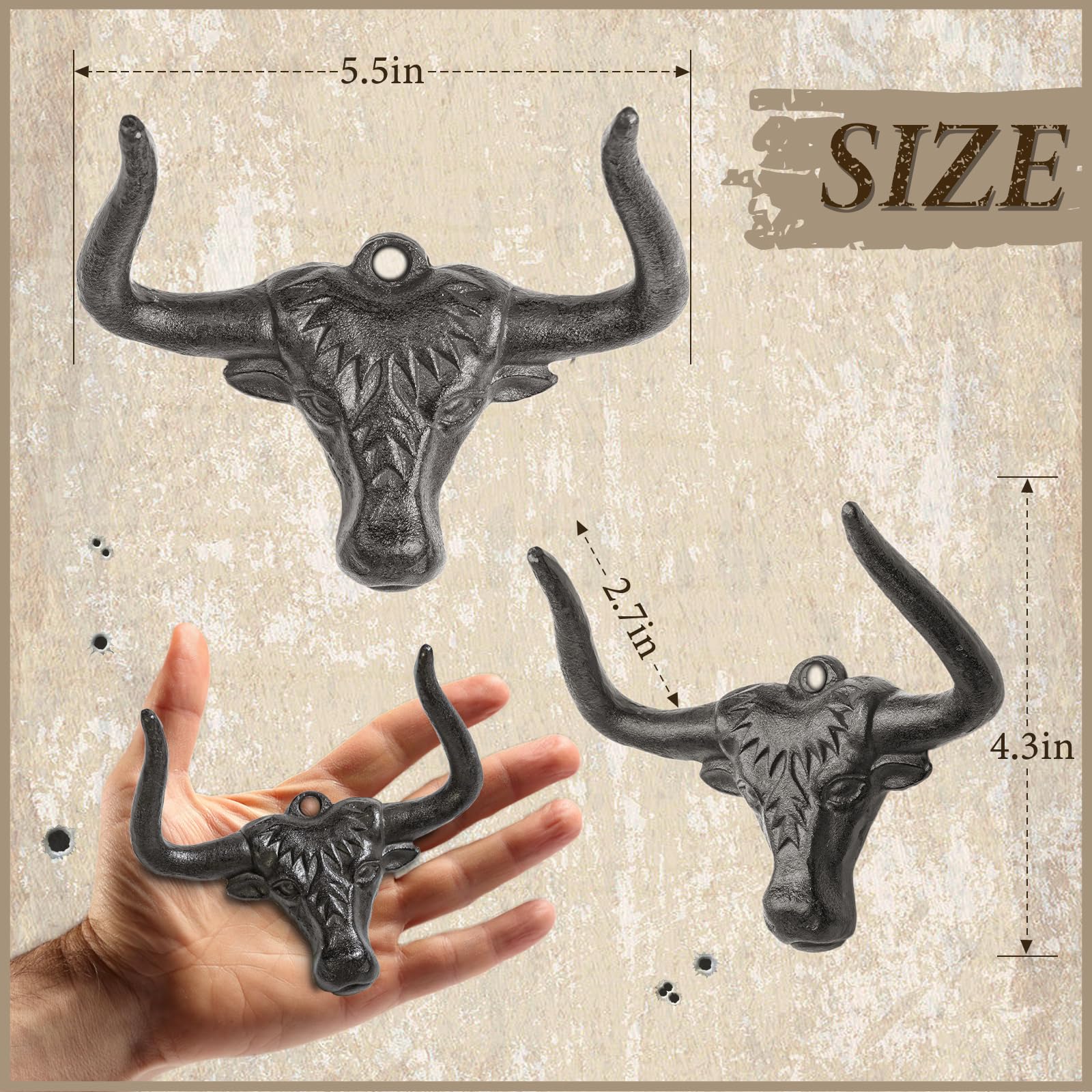 HYDERMUS Cast Iron Hooks Wall Mount 2 Pack Outdoor Western Decorative Wall Hooks Heavy Duty Towel Hooks for Bathroom Entryway Closet Cow Bull Animal Hooks Wall Decor, Antique Rust