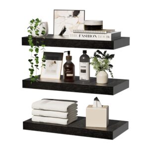 floating shelves for wall storage, wall mounted rustic wood shelves, modern hanging shelves, display shelf organizer for bathroom, bedroom, living room, kitchen, room décor 16 inch set of 3, black