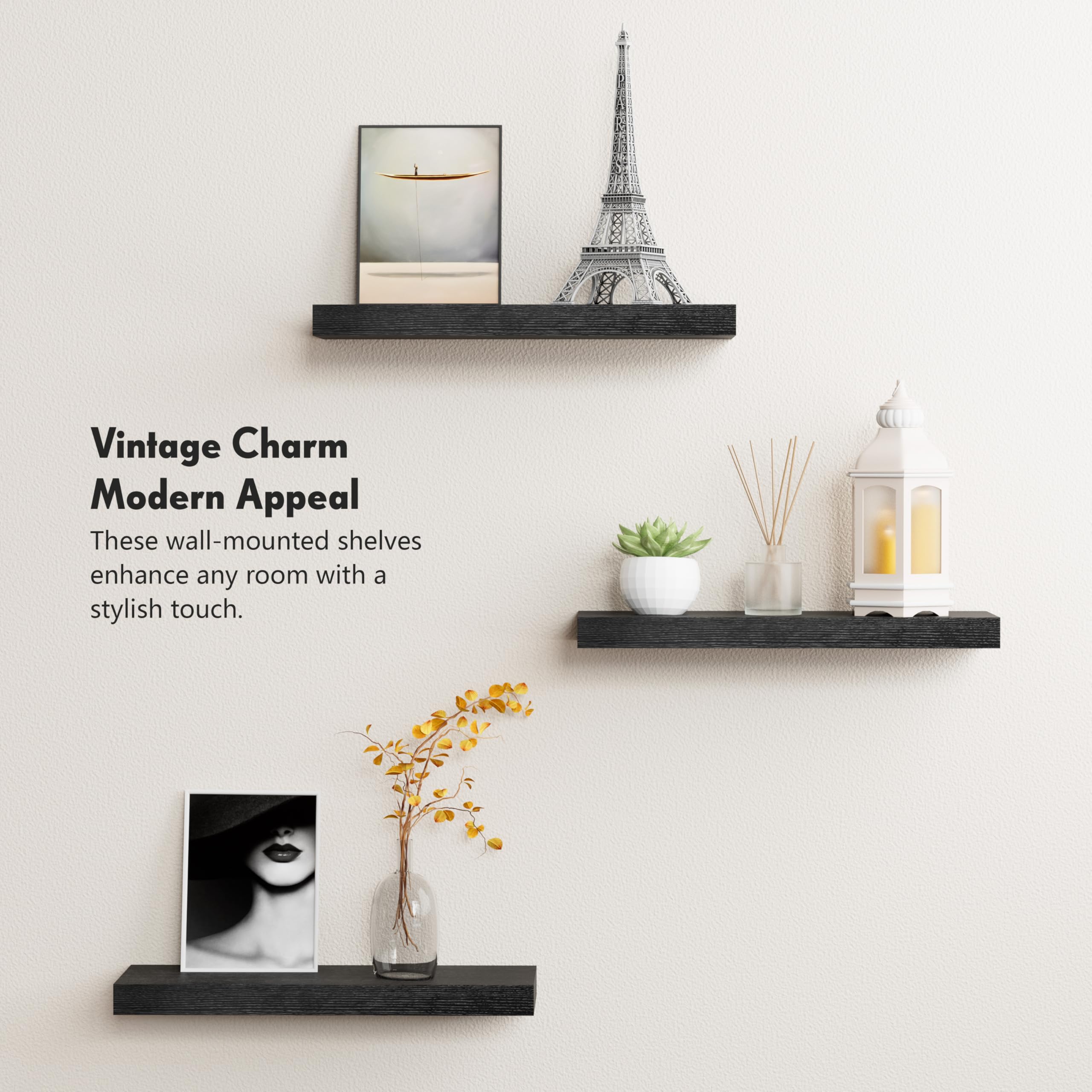 Floating Shelves for Wall Storage, Wall Mounted Rustic Wood Shelves, Modern Hanging Shelves, Display Shelf Organizer for Bathroom, Bedroom, Living Room, Kitchen, Room Décor 16 inch Set of 3, Black