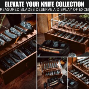 Pocket Knife Display Case for 16 Knives - Wooden Knife Collection Case Clear Cover - Two-Tier Knife Cases for Collections with a Removable Drawer Insert for Other EDC Items, EDC Case - Brown