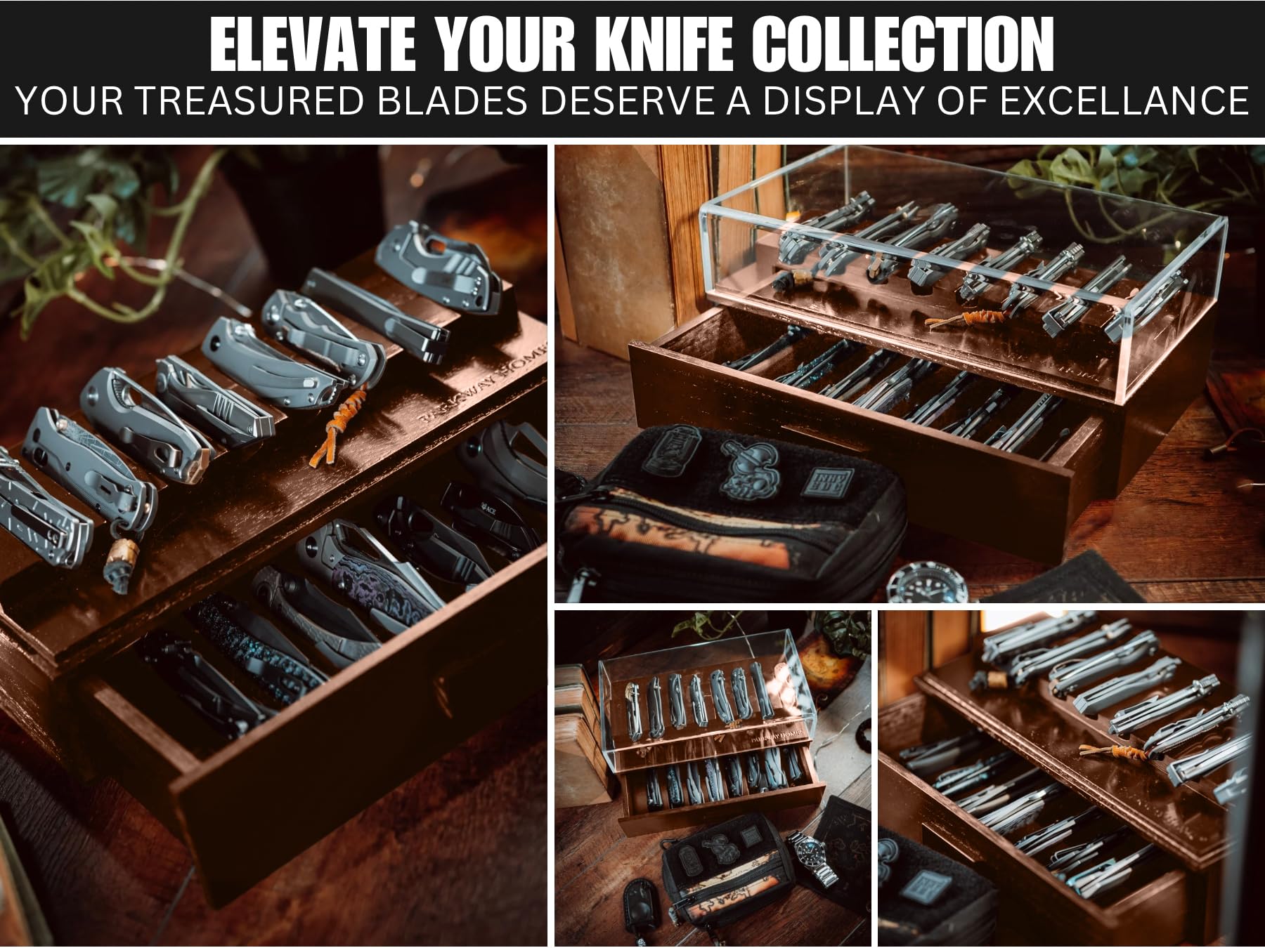 Pocket Knife Display Case for 16 Knives - Wooden Knife Collection Case Clear Cover - Two-Tier Knife Cases for Collections with a Removable Drawer Insert for Other EDC Items, EDC Case - Brown