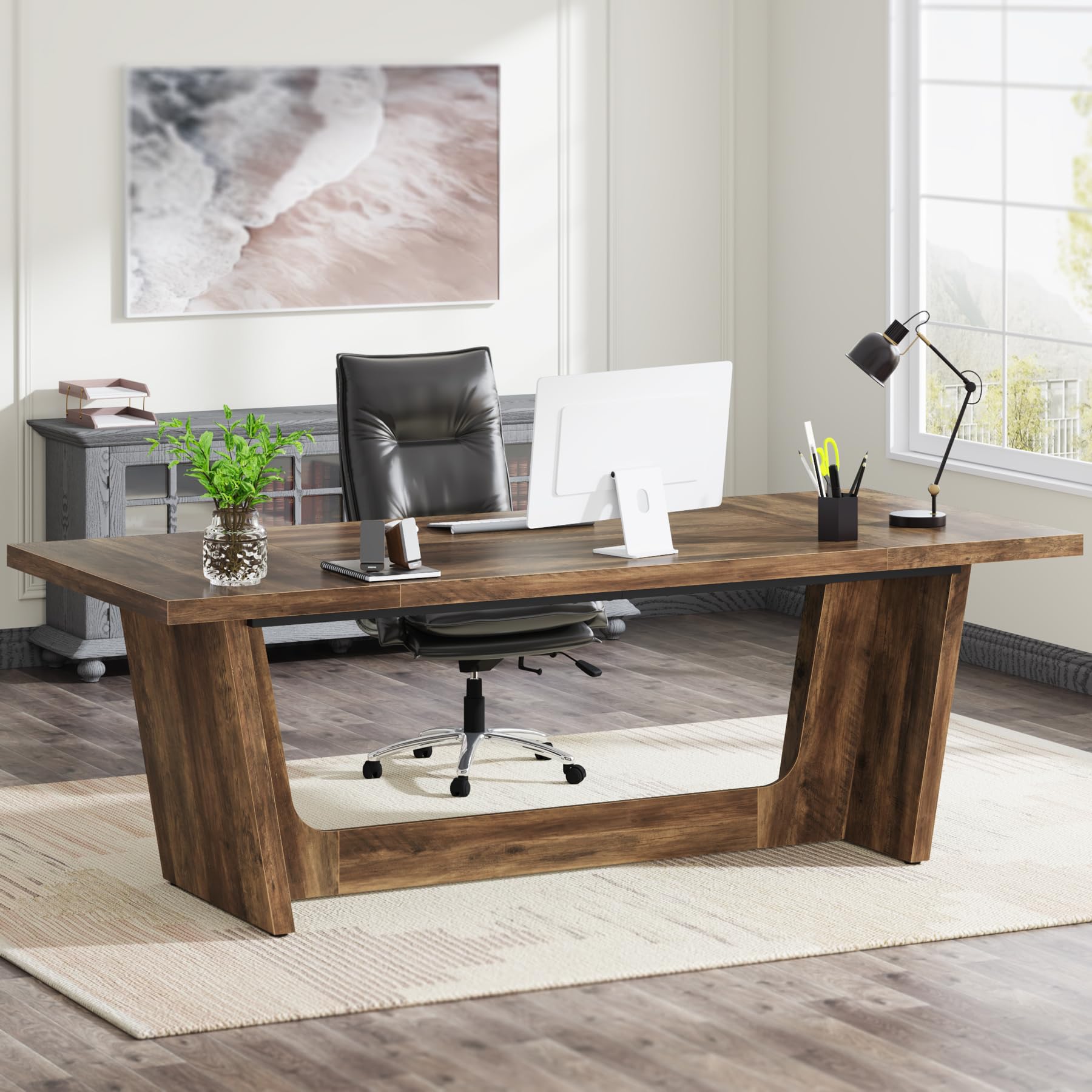 Tribesigns 70.87-Inch Executive Computer Desk: Large Home Office Desk with Solid Wooden Pedestal, Industrial Wood Study Writing Table, Workstation Business Furniture, Brown