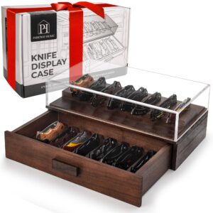 pocket knife display case for 16 knives - wooden knife collection case clear cover - two-tier knife cases for collections with a removable drawer insert for other edc items, edc case - brown