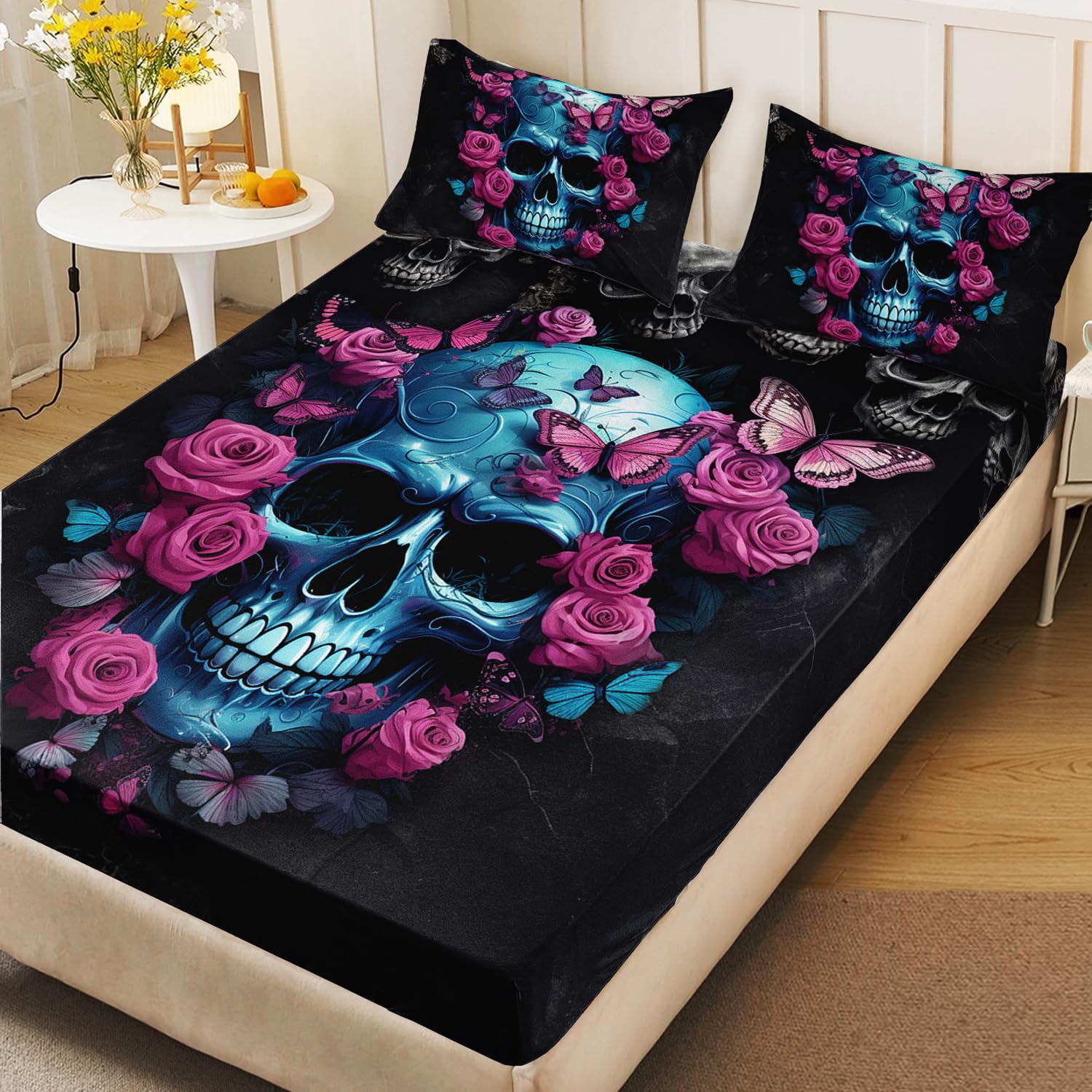 AILONEN 3D Skull Fitted Sheet Set Twin XL Size, Oil Ren Rose with Skeleton Design Bed Sheet Set for Boys Girls Teens,Gothic Skull with Butterfly Bedding Set,1 Fitted Sheet and 2 Pillow Case,3 Pieces