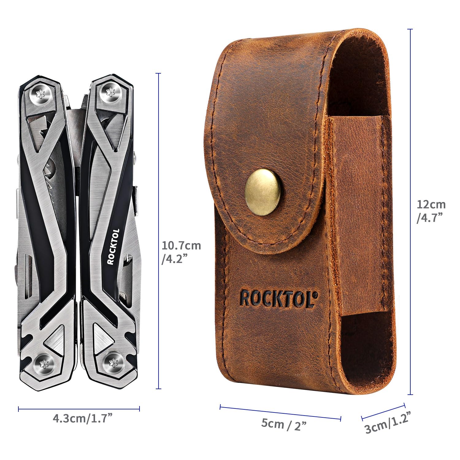 ROCKTOL Multitool Sheath, Premium Leather Snap Sheath for Belt, Multi-Tool Knife Sheath Pouch Holster Fits 4.2" Multitools for EDC, Camping, Hiking Outdoor