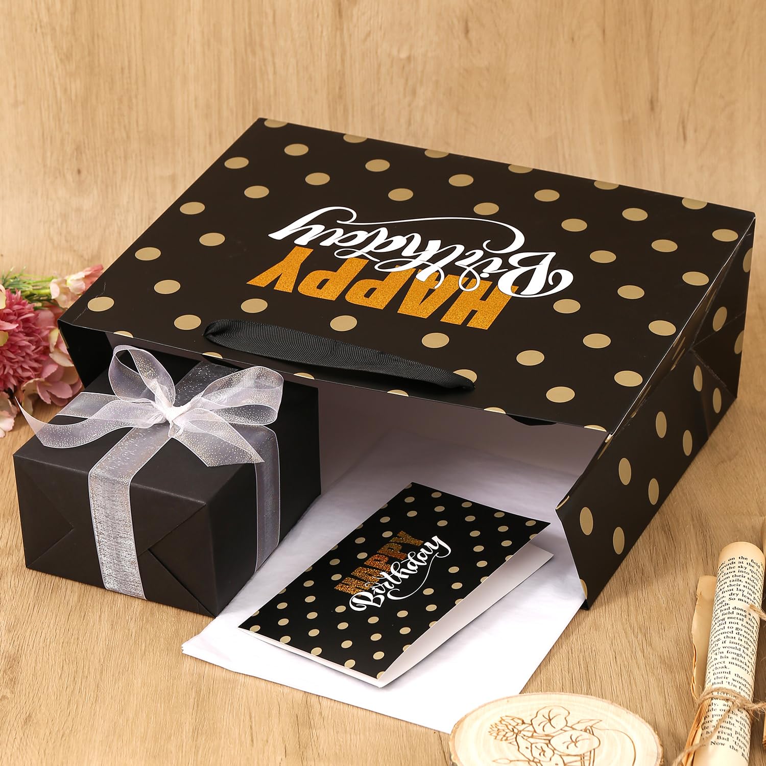 CAMKUZON Black Birthday Gift Bag with Card and Tissue Paper - Gold Foil Happy Birthday & Polka Dot Design - Large Gift Bags for Birthday Party, 13" X 10" X 5"