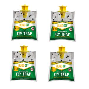 bugg off - 4 pack outdoor disposabe hanging fly traps with natural pre-bait, catches flyes everywhere anywhere, stables, ranches, cottages and more. cut, fill, and hang!