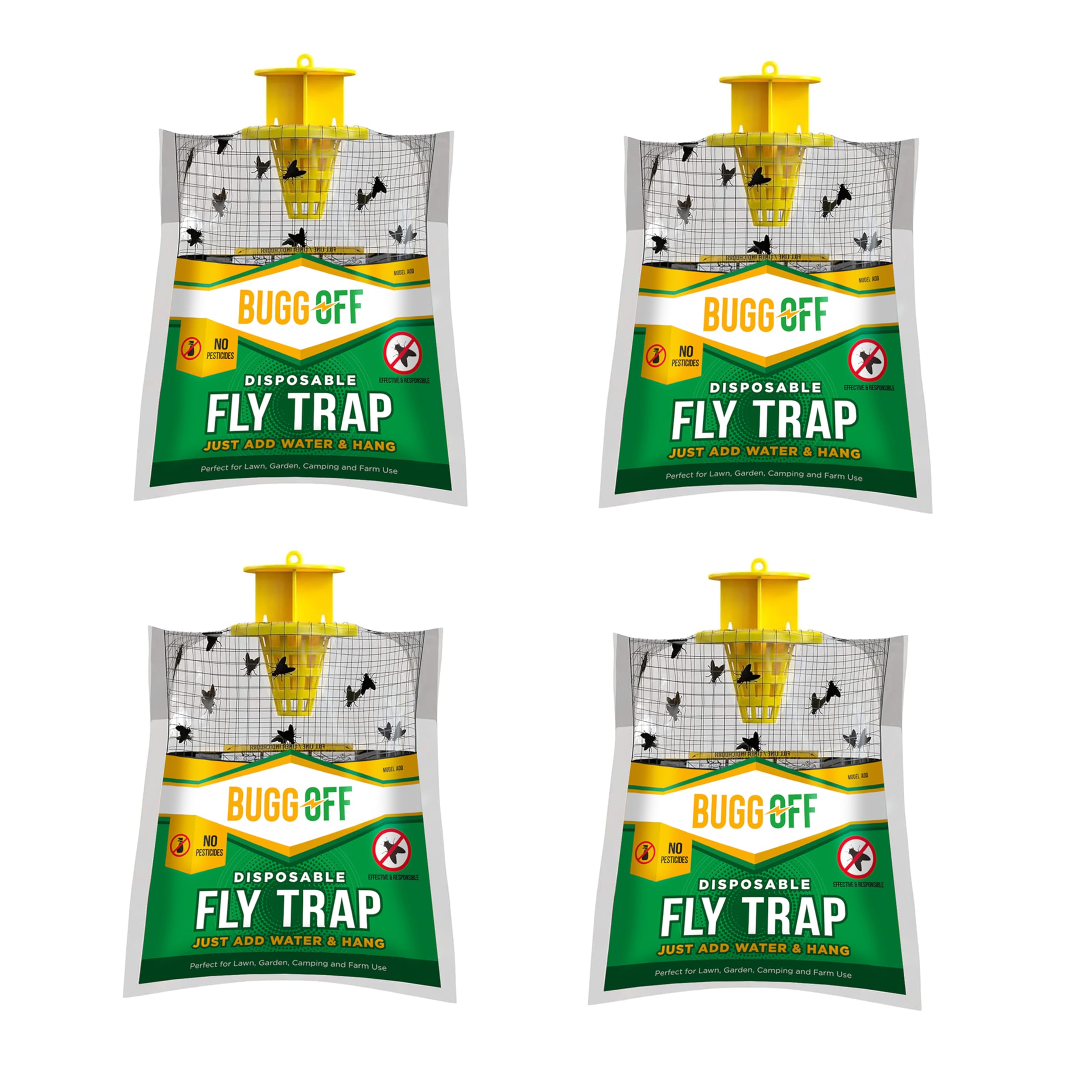 Bugg Off - 4 Pack Outdoor Disposabe Hanging Fly Traps with Natural Pre-Bait, Catches Flyes Everywhere Anywhere, Stables, Ranches, Cottages and More. Cut, Fill, and Hang!