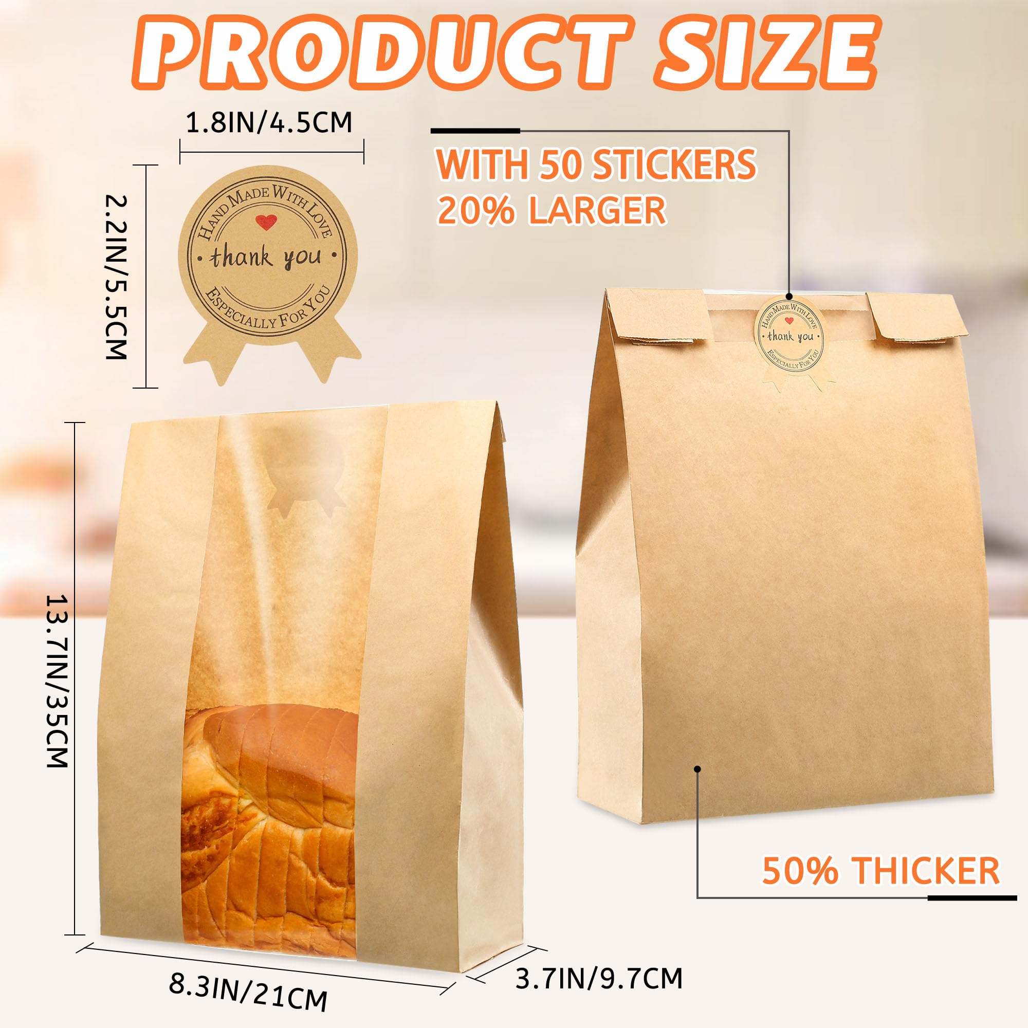 25 Pcs Bread Bags for Homemade Bread, Sourdough Paper Bread Bags With Window, 50% Thicker 13.7x8.2x3.7in A Large Bakery Bags Used for Storage Bread Cookies & Snacks, 30 Cute Sealing Stickers with Ties