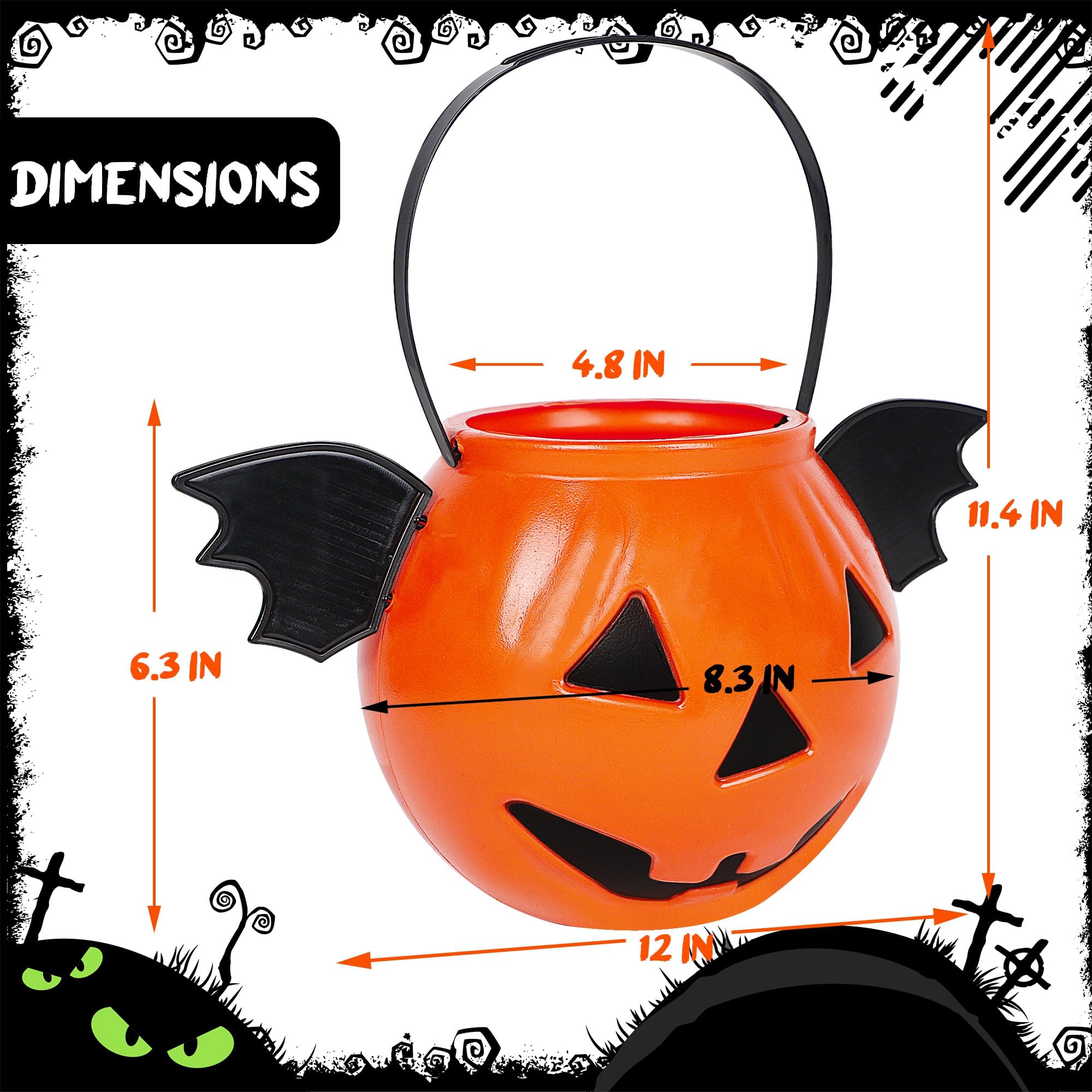 Zcaukya Halloween Pumpkin Candy Bucket, 8.3" Jack-O-Lantern Round Pail with Bat Wings, Plastic Orange Goodies Holders for Kids Trick-Or-Treat Halloween Party Supply