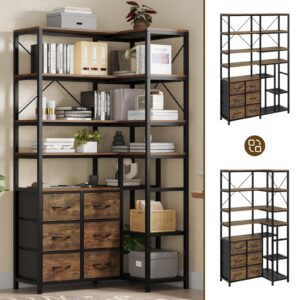 bthfst corner bookshelf with 6 fabric drawers, convertible tall bookcase 7 tier, industrial book shelf with metal frame, wide bookshelves for living room home office, rustic brown & black