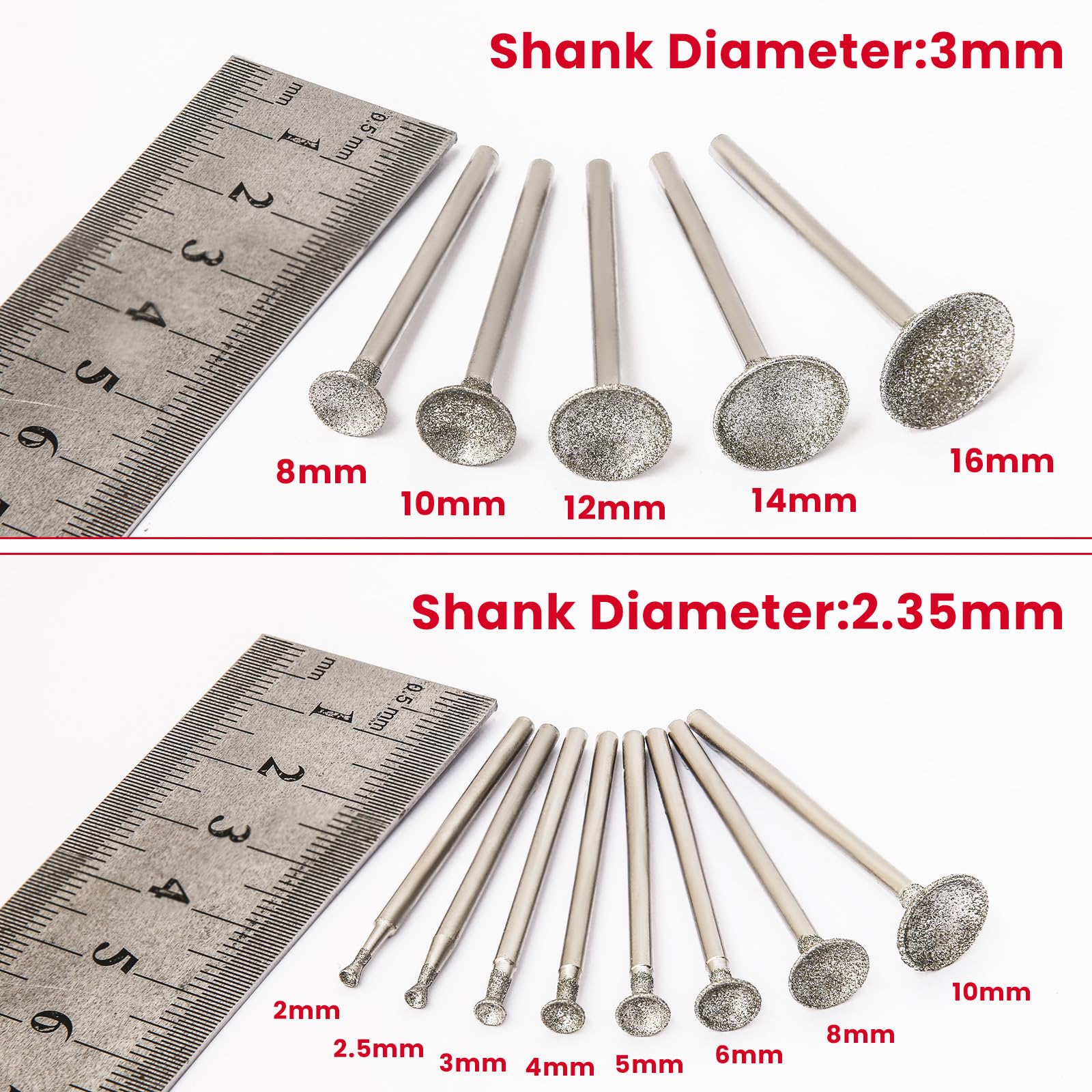 Stone Carving Set Diamond Burr Bits Compatible with Dremel, 13PCS Polishing Kits Rotary Tools Accessories with 2.35mm 3mm Shank Bowl Shape for Carving, Engraving, Grinding, Stone, Rocks, Jewelry