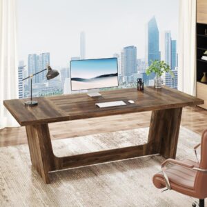 Tribesigns 70.87-Inch Executive Computer Desk: Large Home Office Desk with Solid Wooden Pedestal, Industrial Wood Study Writing Table, Workstation Business Furniture, Brown