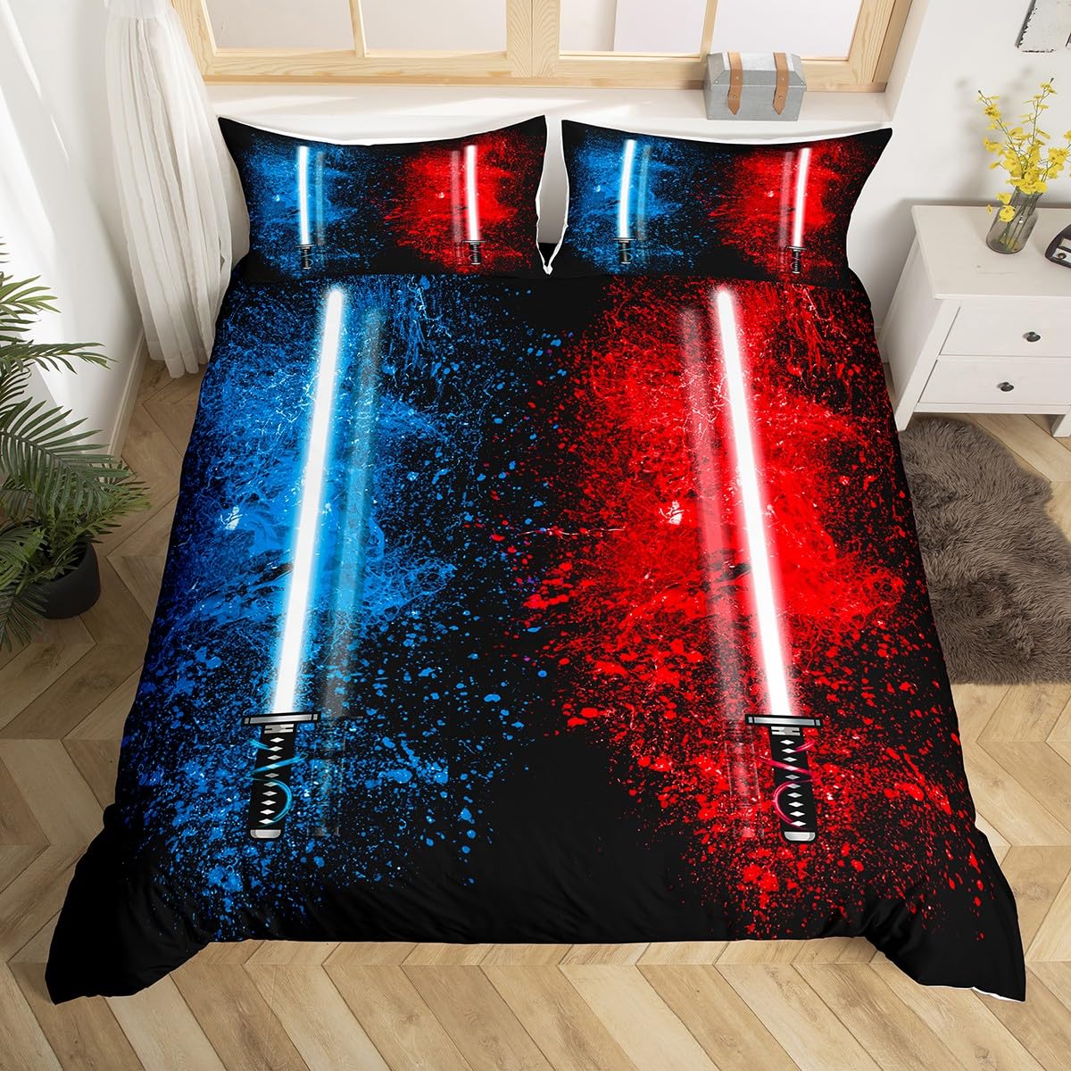 Feelyou Lightsaber King Size Duvet Cover Set for Kids Boys Teens Red Blue Teens Bedding Set Decor Tie Dye Comforter Cover Set Decoration