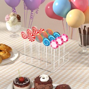 2 Pack Cake Pop Stand with Sticks Kit, Acrylic Lollipop Hold Stand, Clear Cake Pop Display Holder, 15 Holes Candy Pop Holder with 100 Pcs Sticks, 100 Pcs Clear Wrappers, 100 Pcs Gold Twist Ties