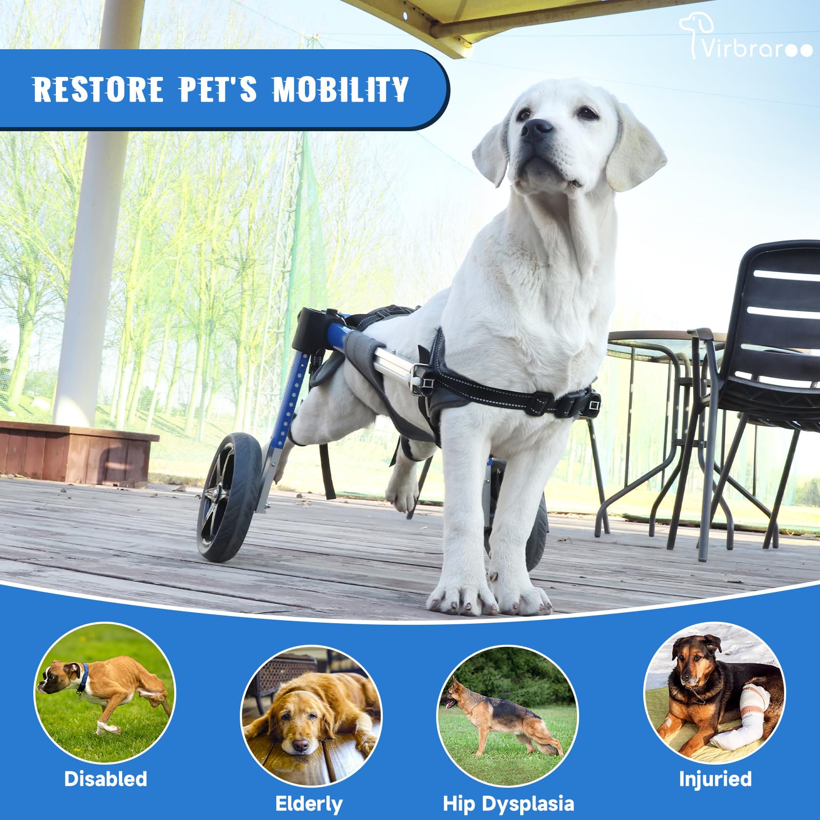 Virbraroo Large Dog Wheelchair for Back Legs, Upgraded All-Terrain Tires & Durable Bearings, Dog Wheelchair for 19.6"-29.5", 88.1-132.2 lbs Disabled or Injured Large Dogs (Double Extra Large)