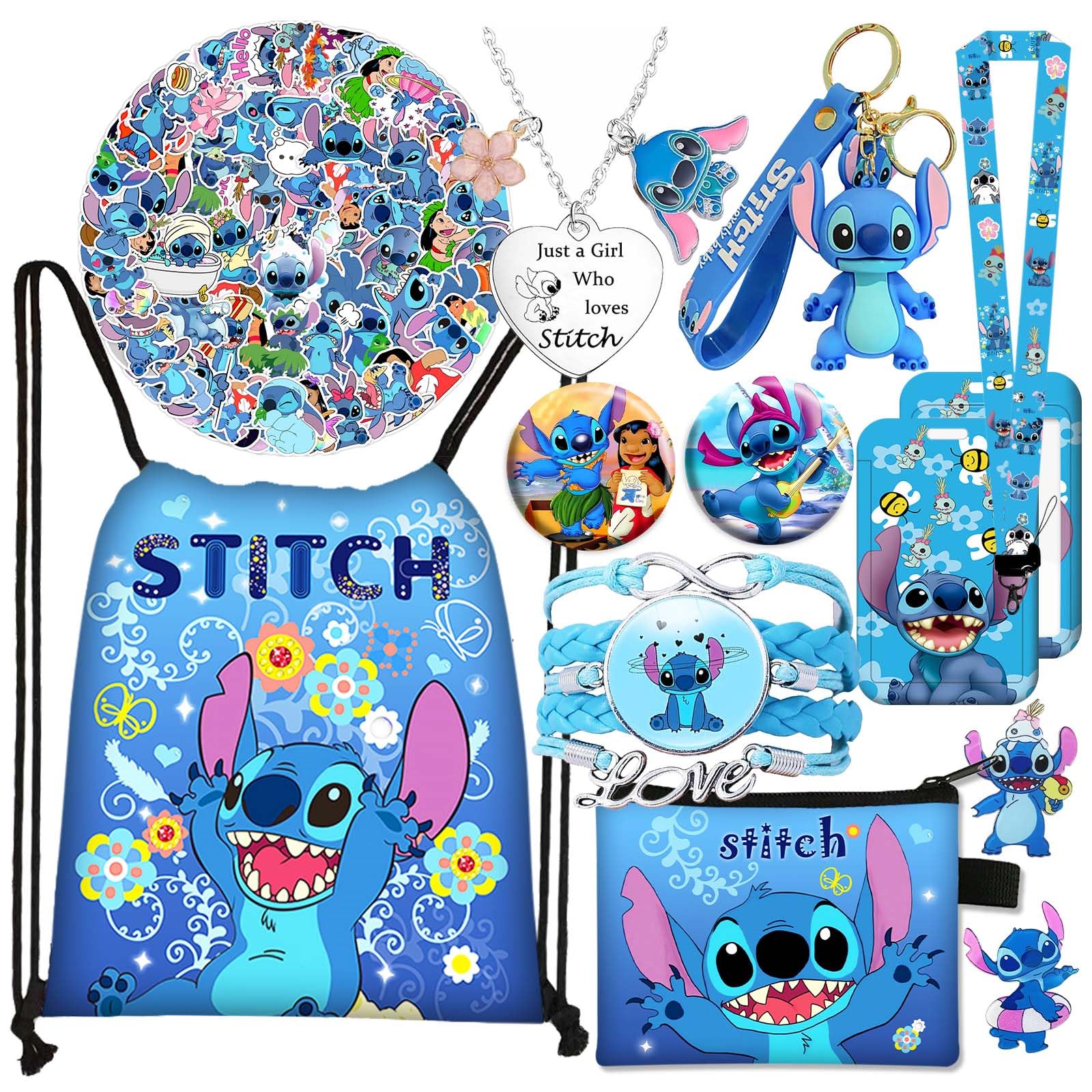 FETELAZ Stitch Stuff Merch Gifts Set, Include Drawstring Bag Backpack Coin Wallet Stickers Lanyard Necklace Bracelet Keychain Phone Holder Button Pins for Girls Teens Adults