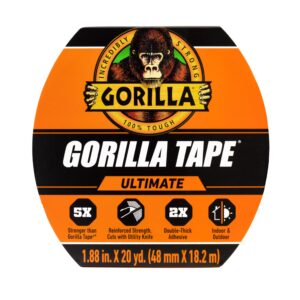 gorilla ultimate tape, high tensile cloth with double-thick adhesive for hauling, strapping, patching, bundling, lifting, 1.88" x 20yd, black (pack of 1)