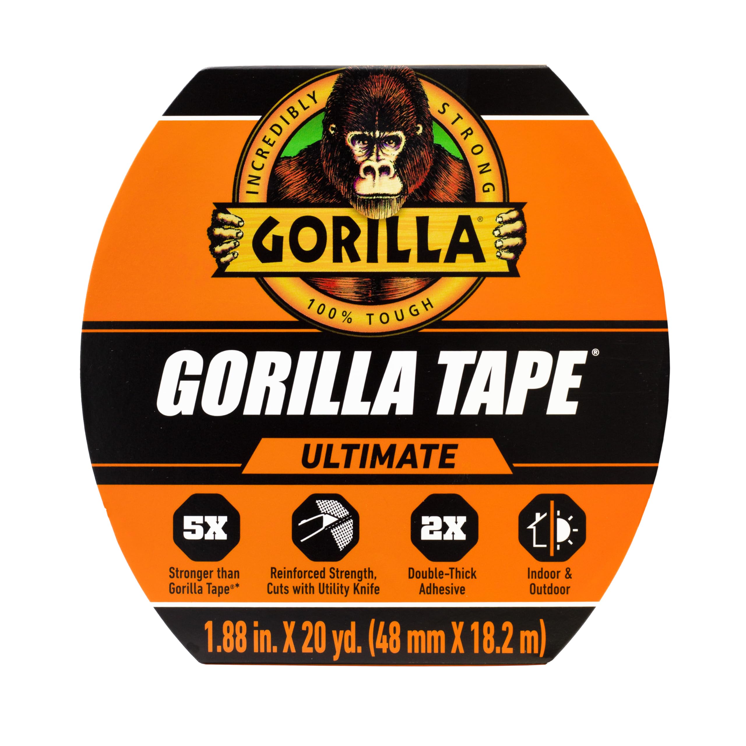 Gorilla Ultimate Tape, High Tensile Cloth with Double-Thick Adhesive for Hauling, Strapping, Patching, Bundling, Lifting, 1.88" x 20yd, Black (Pack of 1)