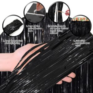 Black Streamers for Black Party Decorations-SINBEE Black Foil Fringe Curtain Black Birthday Decorations Black Fringe Backdrop for Halloween- 2 Packs