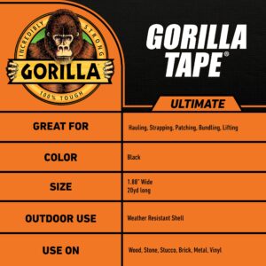 Gorilla Ultimate Tape, High Tensile Cloth with Double-Thick Adhesive for Hauling, Strapping, Patching, Bundling, Lifting, 1.88" x 20yd, Black (Pack of 1)