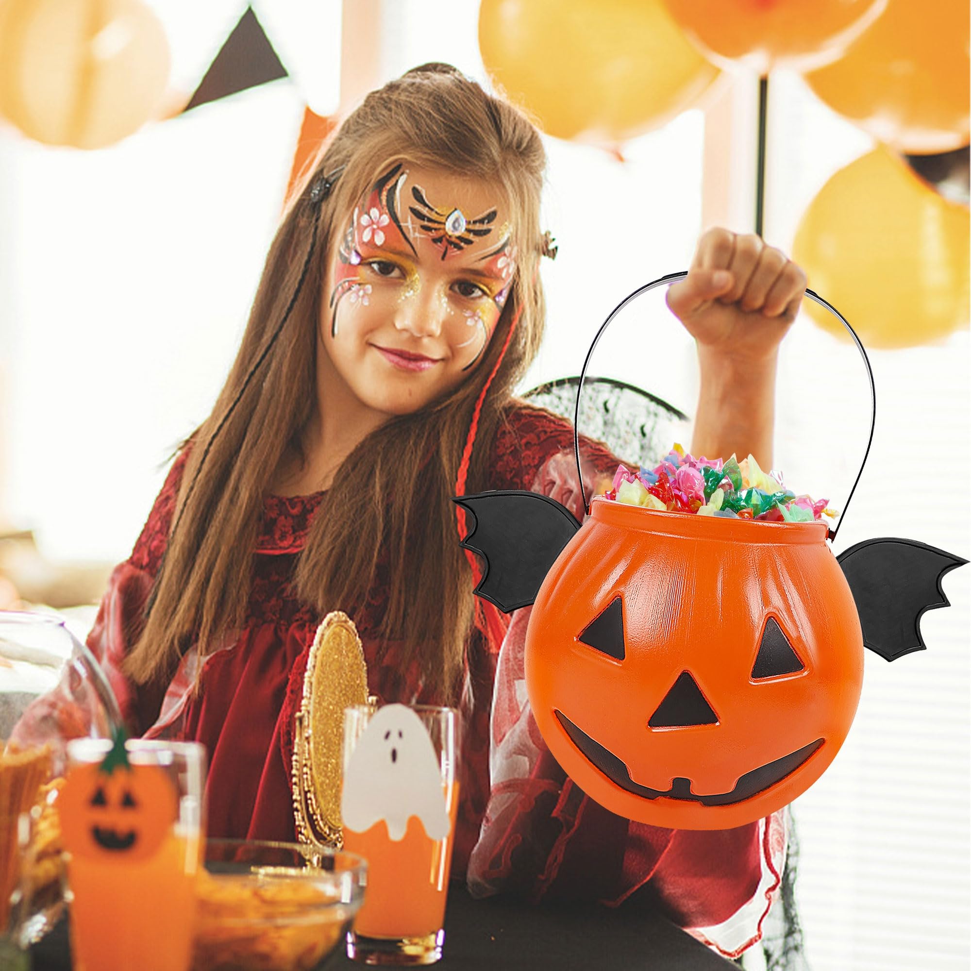 Zcaukya Halloween Pumpkin Candy Bucket, 8.3" Jack-O-Lantern Round Pail with Bat Wings, Plastic Orange Goodies Holders for Kids Trick-Or-Treat Halloween Party Supply