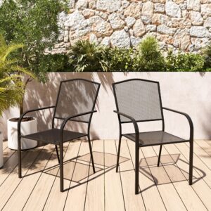 Metal Patio Chairs Set of 2 Black Patio Dining Chairs Mesh Steel Stackable Bistro Chairs Iron Outdoor Metal Chairs for All Weather, Fit for Backyard, Garden, Porch