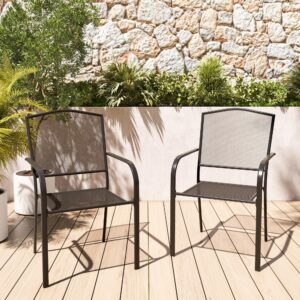 Metal Patio Chairs Set of 2 Black Patio Dining Chairs Mesh Steel Stackable Bistro Chairs Iron Outdoor Metal Chairs for All Weather, Fit for Backyard, Garden, Porch