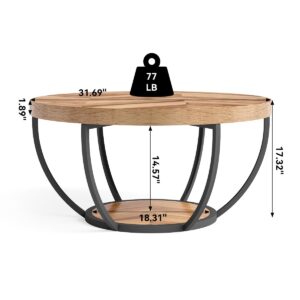 LITTLE TREE Round Coffee Table, 32" Circle Coffee Table for Living Room, 2-Tier Wood Accent Center Table with Open Storage Industrial Design Home Furniture (Wood Grain and Black)