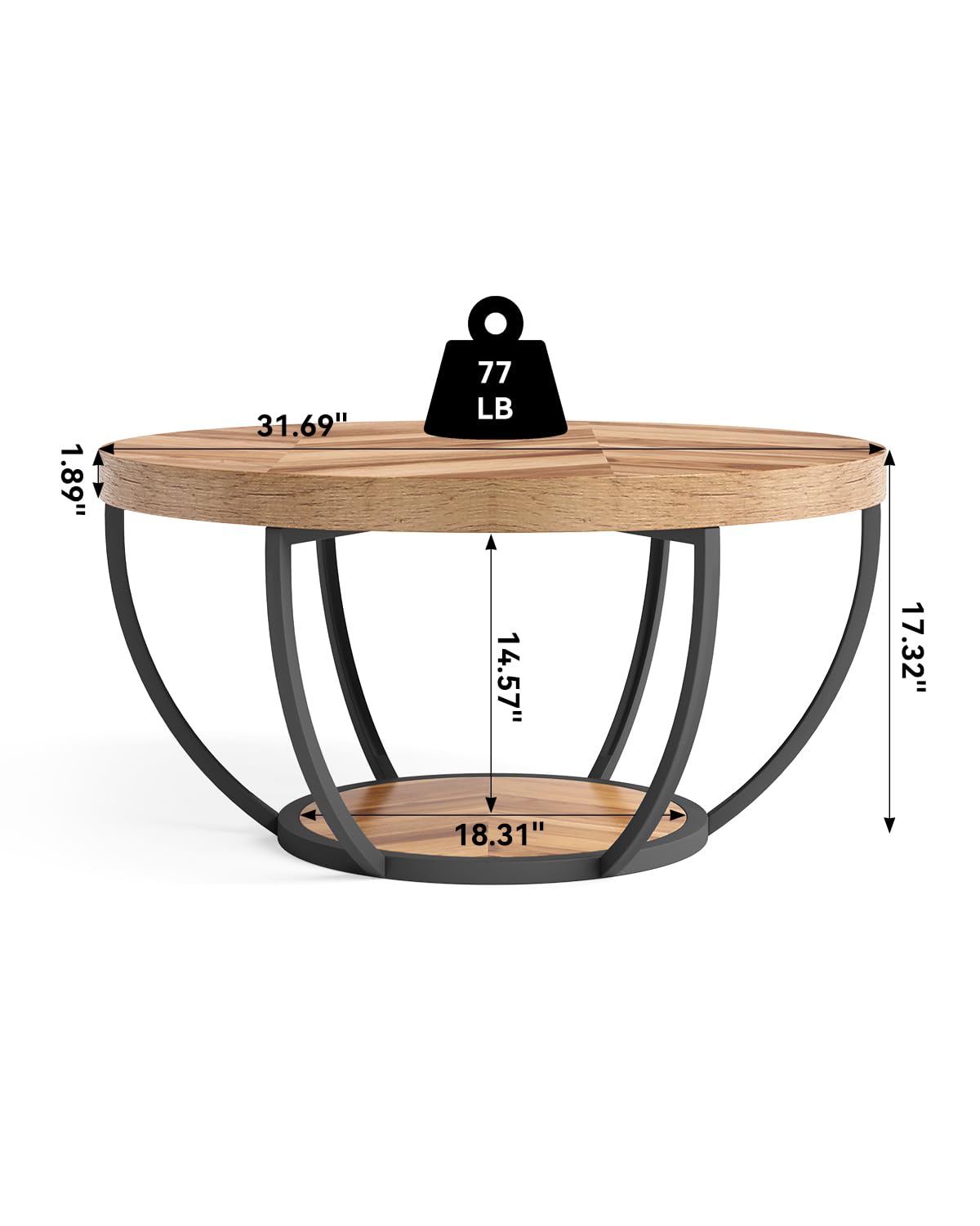 LITTLE TREE Round Coffee Table, 32" Circle Coffee Table for Living Room, 2-Tier Wood Accent Center Table with Open Storage Industrial Design Home Furniture (Wood Grain and Black)