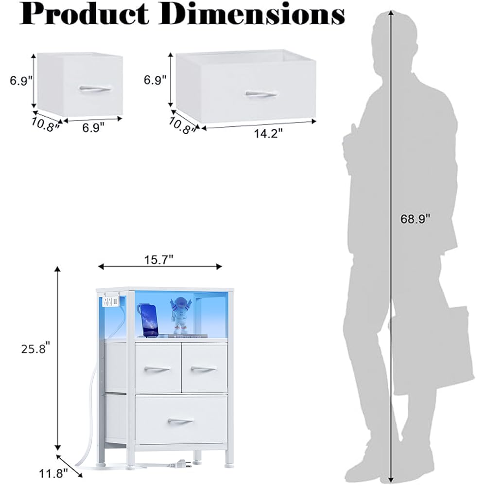 Furnulem Night Stand, Storage Side Table with Charging Station, LED, USB Ports and Outlets, Bedside Table with Fabric Bins, Nightstand with Open Shelf, Small End Table for Bedroom (3 Drawer, White)