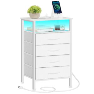 hoobro nightstand with charging station and led light, end table with 4 fabric drawers, bedside table with outlet and usb ports, tall night stand for bedroom, white wt404udbz01