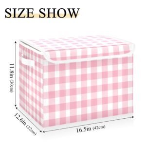 Moudou Pink Buffalo Plaid Storage Bin with Lid, Large Collapsible Cube Storage Box for Closet, Office, Bedroom, Home Decor