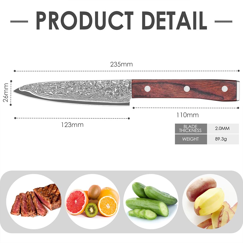 COOKLET'S Small Pairing Knife for Cutting Fruit, Professional VG10 Damascus Steel Forged Ultra Sharp Kitchen Knife, G10 Ergonomic Color Wooden Handle with Luxury Gift Box