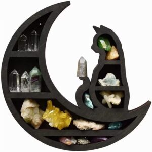 SlenyuBridal Cat on The Moon Crystal Wood Shelf, Wall Mounted Moon Crystals Display Shelf Wooden Floating Shelf Gothic Witchy Room Decoration(Black)