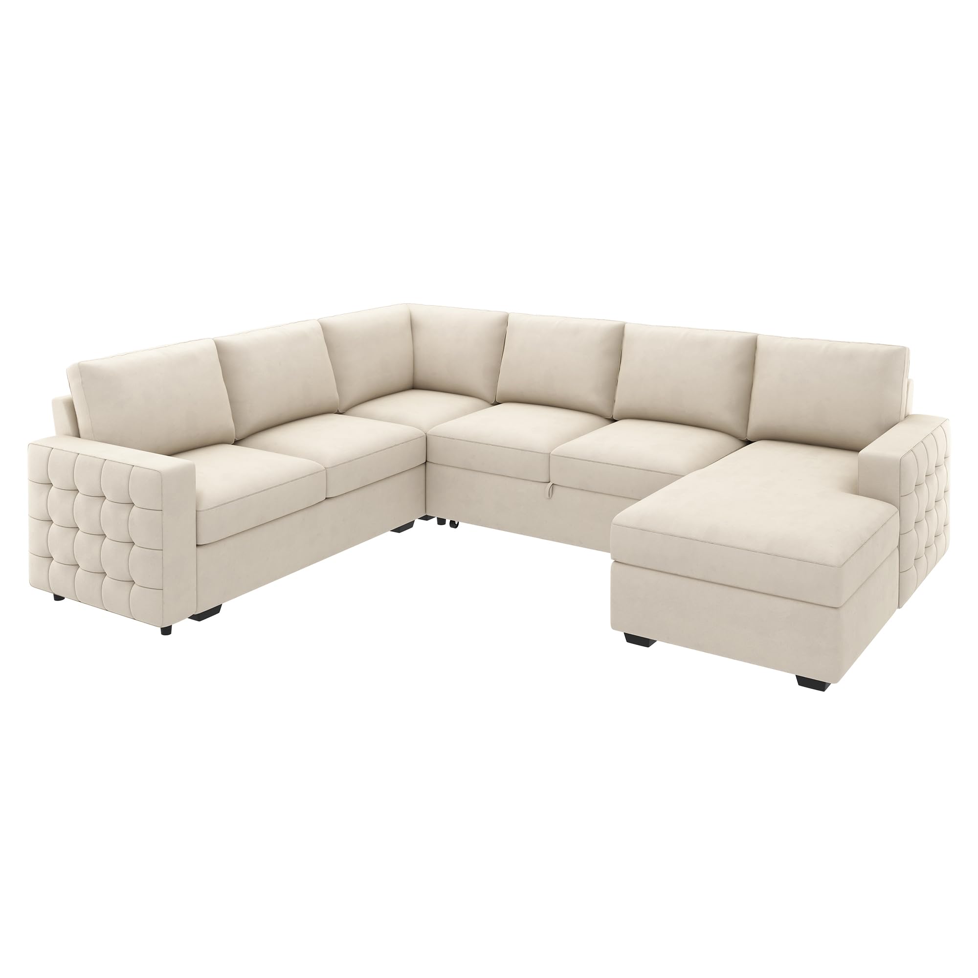 HONBAY Sleeper Sectional Sofa with Storage Chaise U Shaped Sectional Couch for Living Room, Velvet Sleeper Sectional Couch with Pullout Bed, Beige