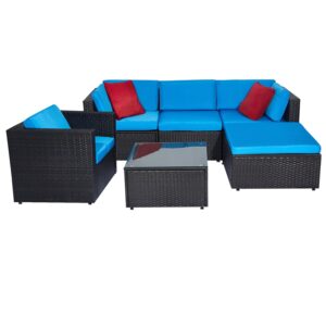 ecolinear 6 pieces patio furniture set, outdoor sectional wicker patio couch, all weather rattan outdoor furniture with tea table and waterproof cushions (blue)