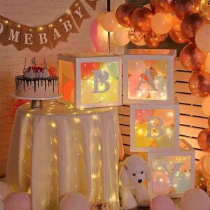 Ledido Baby Boxes with Letters for Baby Shower Balloon Box with Lights,4 Pcs Fairy String Lights and 43 Letters, Clear Blocks for Birthday Party, Bridal Shower, Gender Reveal Decoration - 4 PCS Boxes