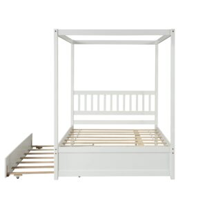 Bellemave Full Size Canopy Bed with Twin Trundle, Platform Bed with Headboard for Bedroom Guestroom Small Room, Solid Wood Bed Frame with Support Slats, Easy Assembly, No Box Spring Needed (White)