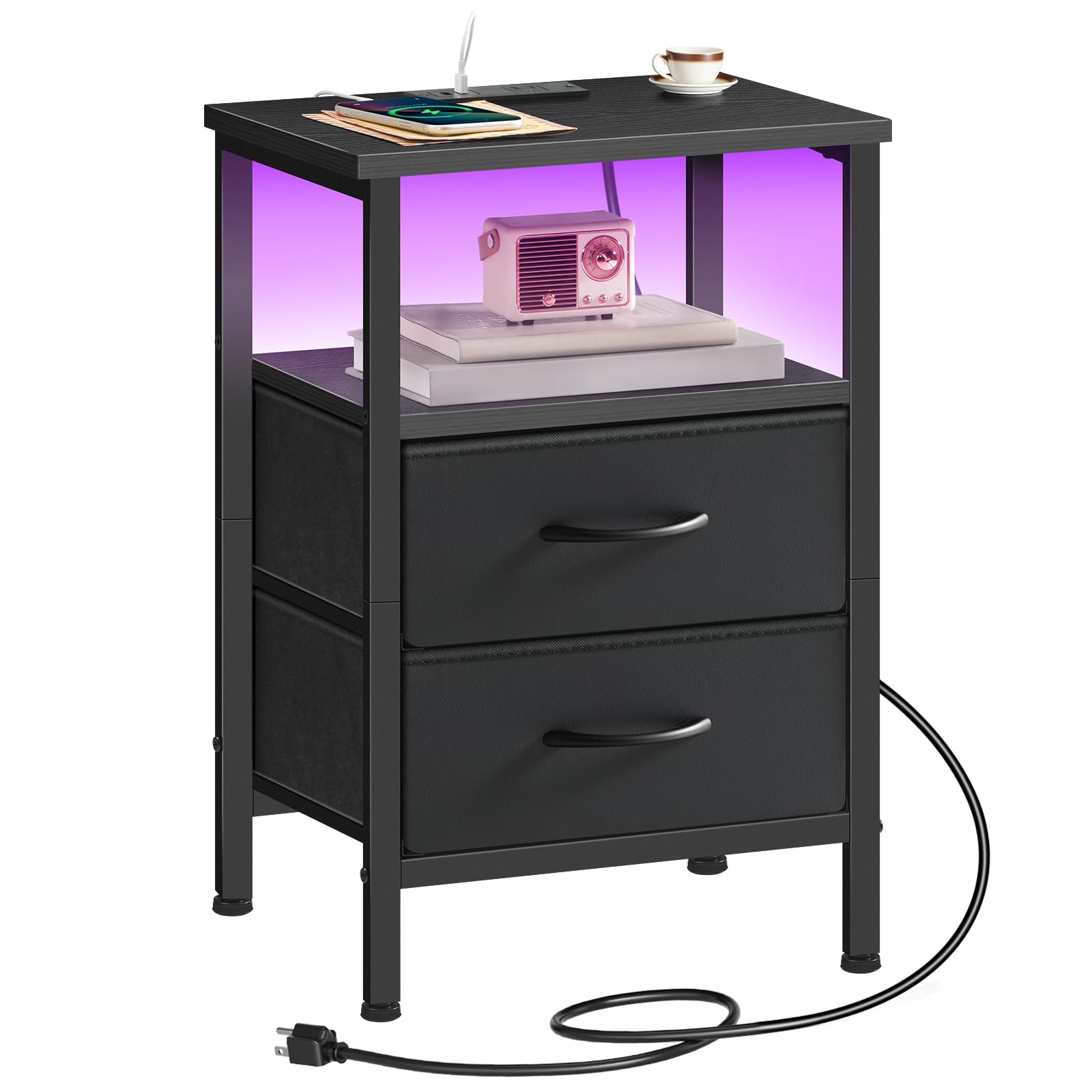 HOOBRO Nightstand with Charging Station and LED Light, Night Stand with 2 Fabric Drawers and Open Storage, Bedside Table with USB Ports and Outlet, End Table for Bedroom, Black BB110UDBZ01